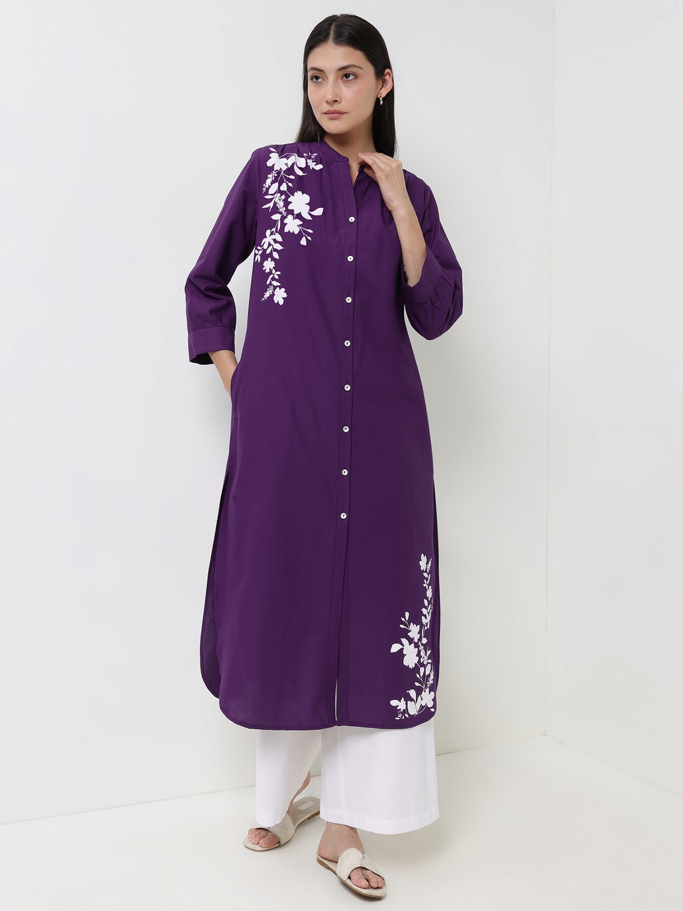 Buy Purple Cotton Floral Straight Kurta Online | Pink Fort