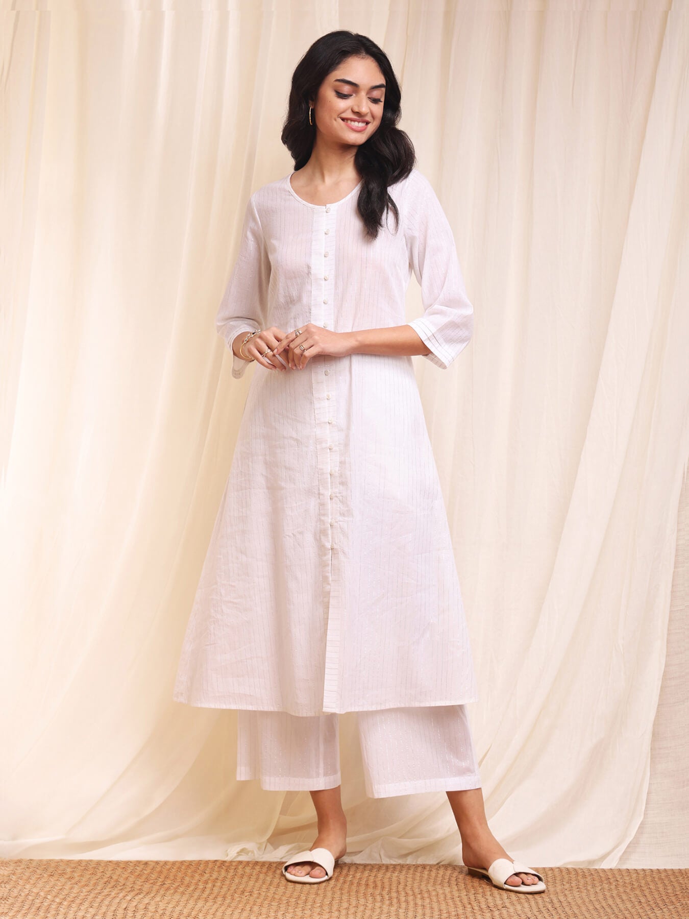 BuyWhite Cotton Lurex A Line Kurta Online | Pink Fort