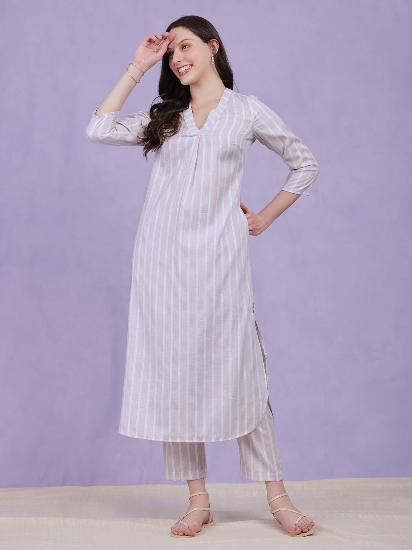 Buy Grey Cotton Lurex Striped Kurta Set Online | Pink Fort – Pink Fort ...