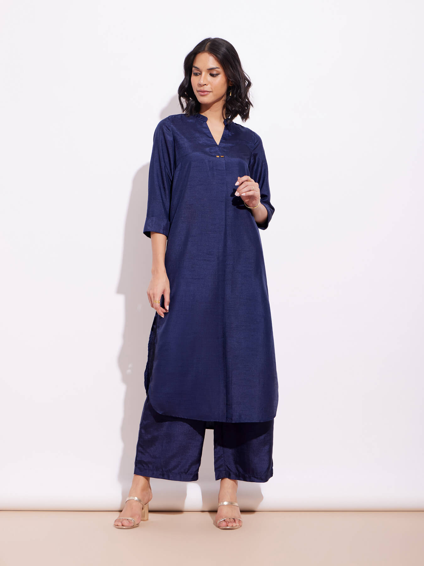 BuyBlue Silk Blend Solid Kurta Set Online | Pink Fort – Pink Fort by ...