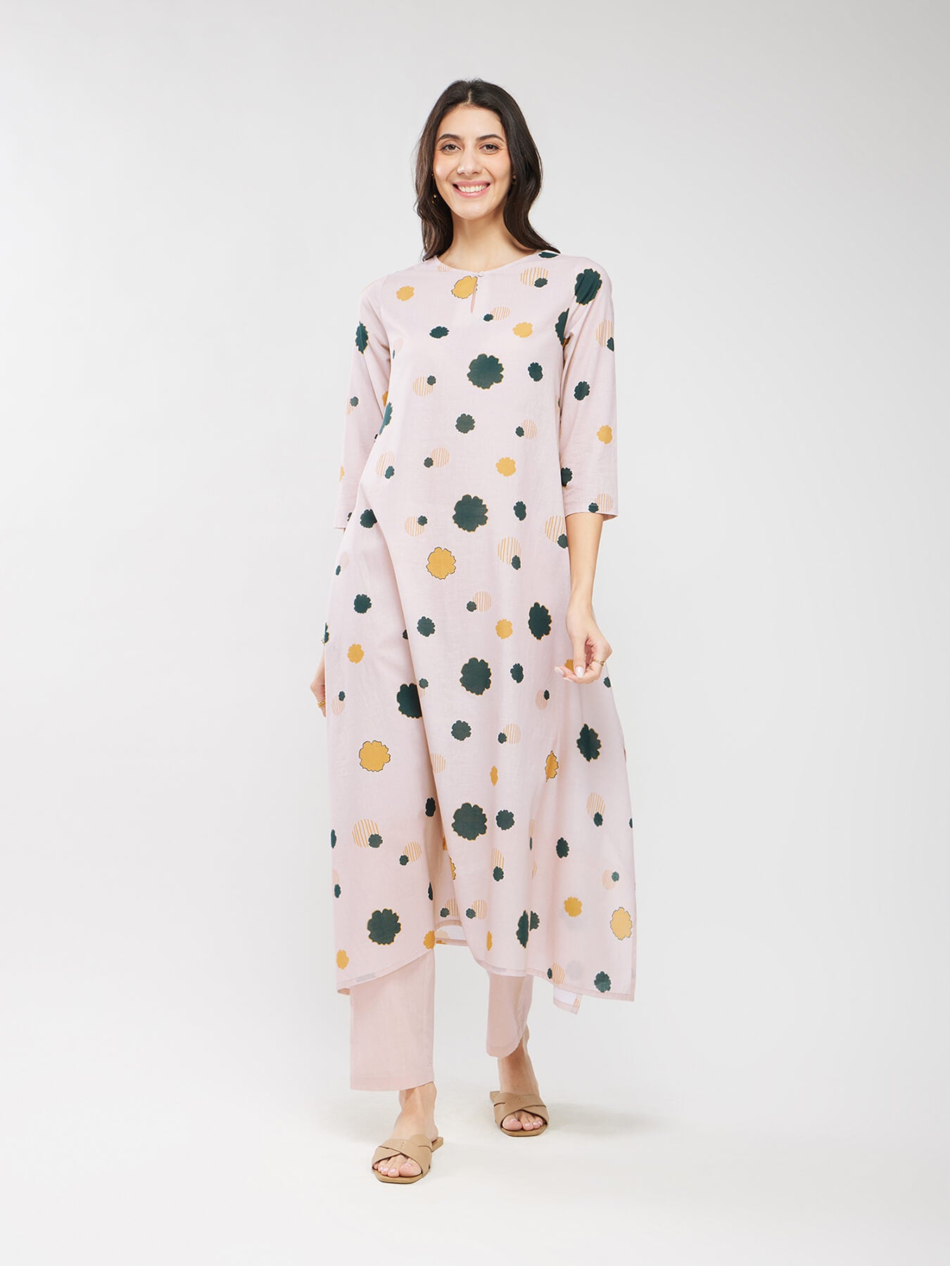 BuyBeige Cotton Floral Asymmetrical Kurta Set Online | Pink Fort