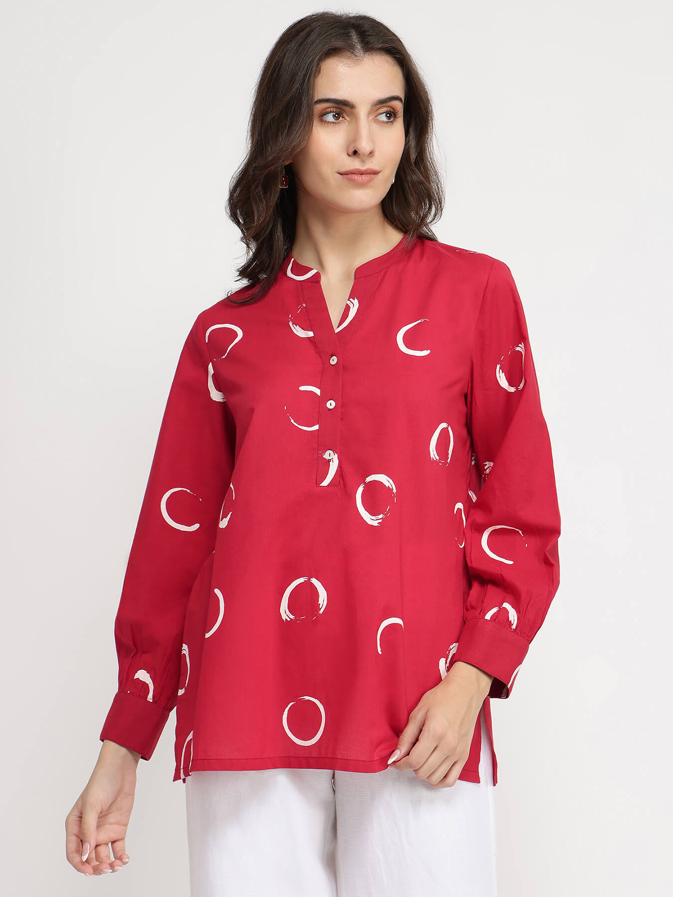 Buy Red Cotton Abstract Polka Top Online | Pink Fort